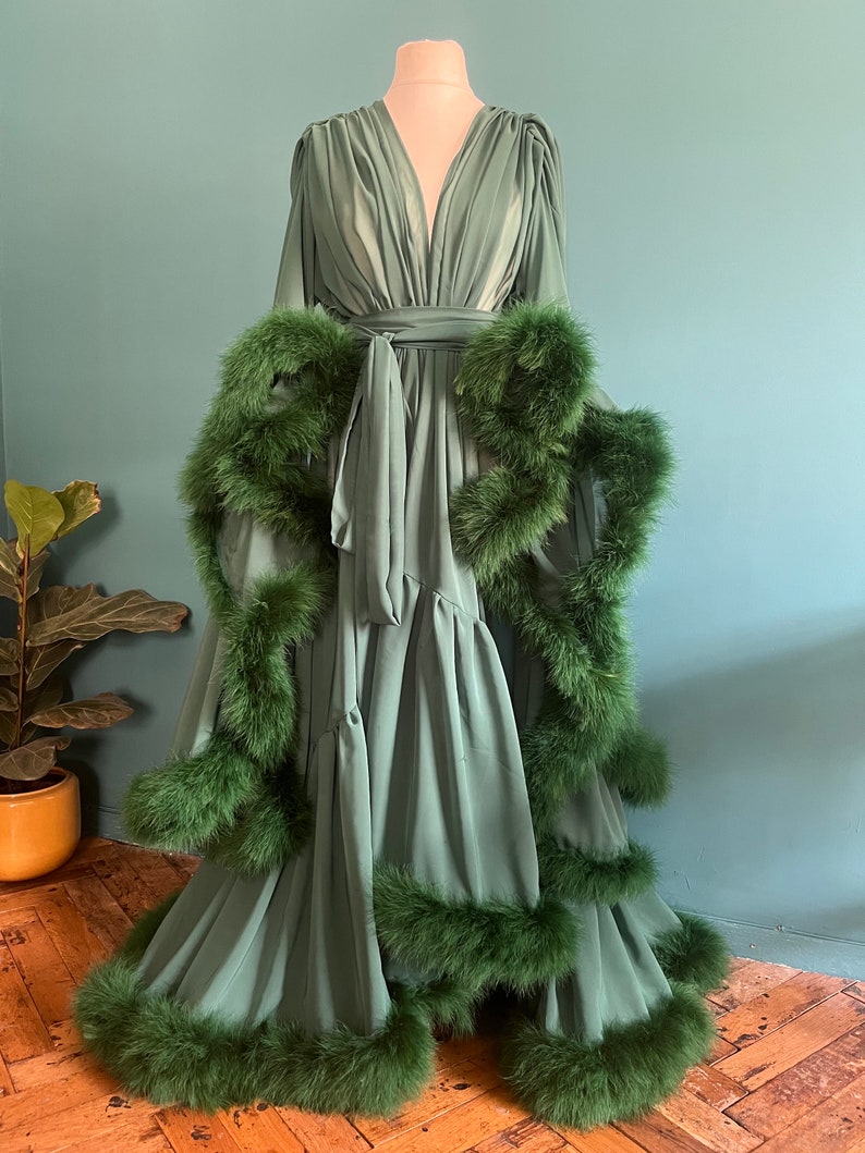 Chiffon Dressing Gown With Marabou Trim in Forest Green - Etsy
