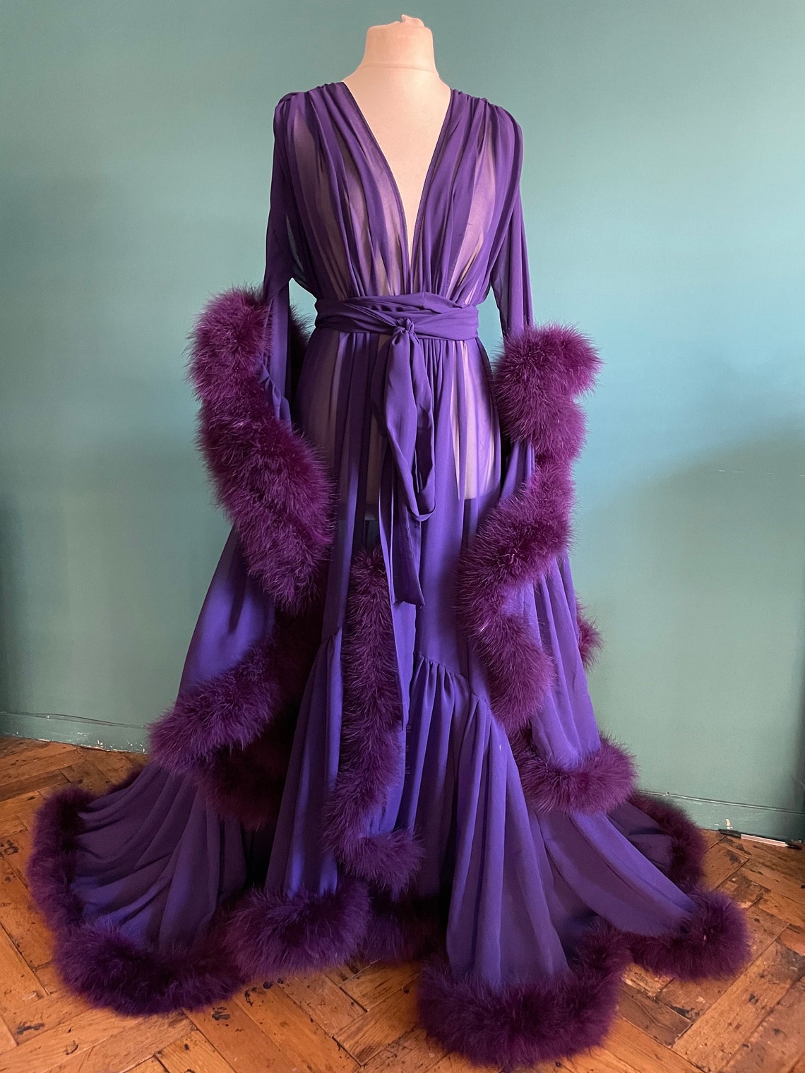 Chiffon Dressing Gown With Marabou Trim in Aubergine - Etsy