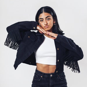 Modern Black Fringe Denim Jacket | Boho Fringe Jean Jacket - Etsy