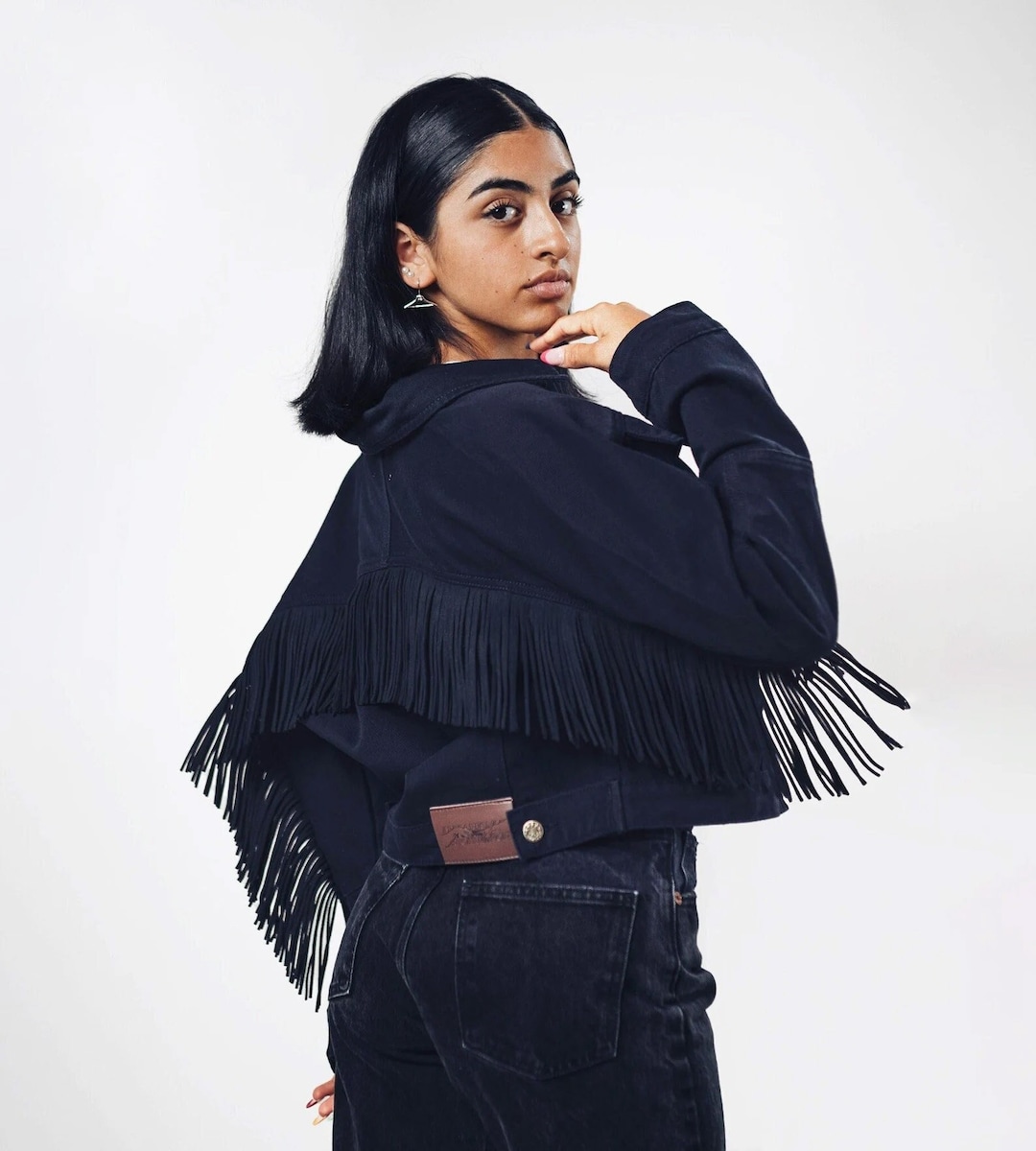 Modern Fringe Black Denim Jacket Jean Jacket With Fringed Back Fringe ...