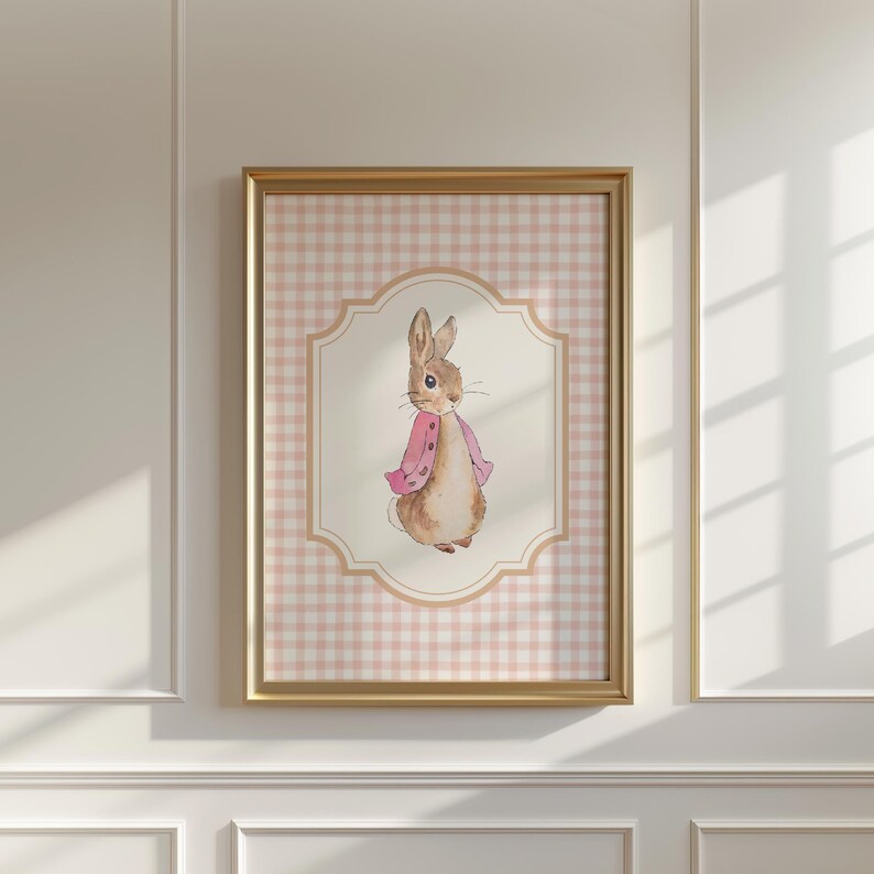 Blush Gingham Pink Flopsy Peter Rabbit Illustration Print, Digital ...