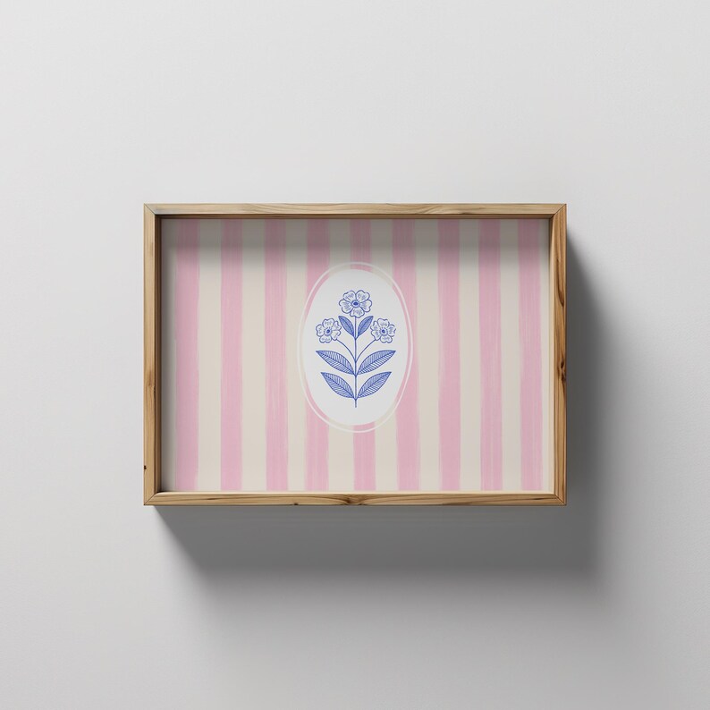 Pink Striped Floral Print: Cottagecore Nursery Wall Art, Digital ...