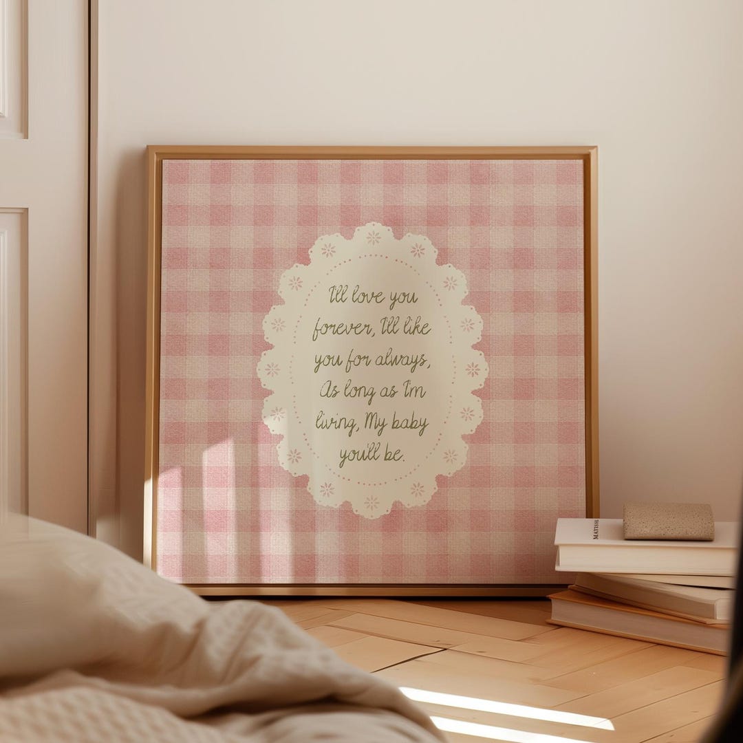 Pink Gingham Love You Forever, Nursery Rhyme Illustration, Digital ...