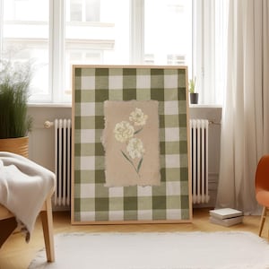 Green Gingham Flower Print, Digital Downloadable Wall Art, Trendy Decor ...