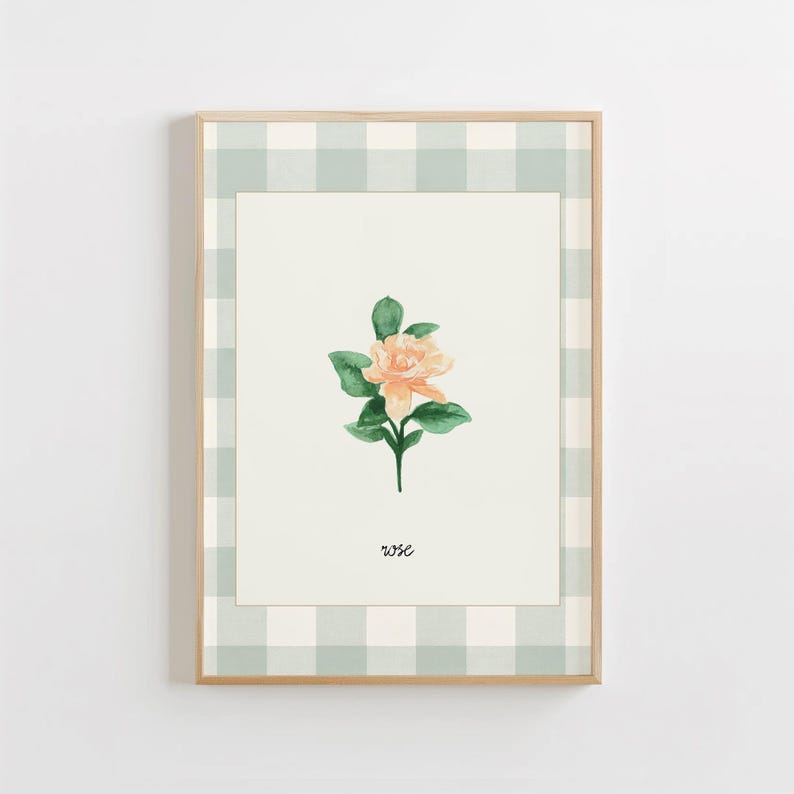 Rosa, giugno, stampa floreale a quadretti blu, arte botanica vintage ...