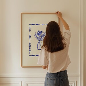 Cornelia Blue Floral Vase Doodle Line Illustration Print, Digital ...