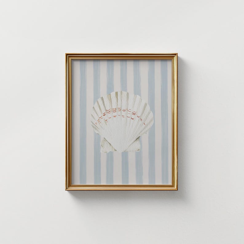 Seashell Art Print: Baby Blue Stripes, Coastal Cottage Decor, Digital ...