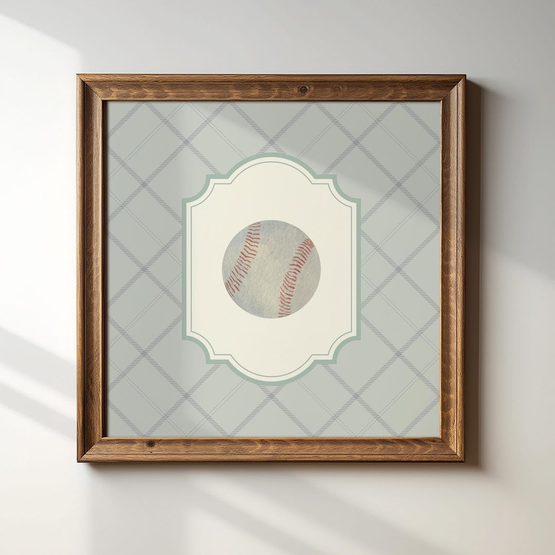 Baseball Square Blue Gingham Illustration Print, Digital Download Art ...