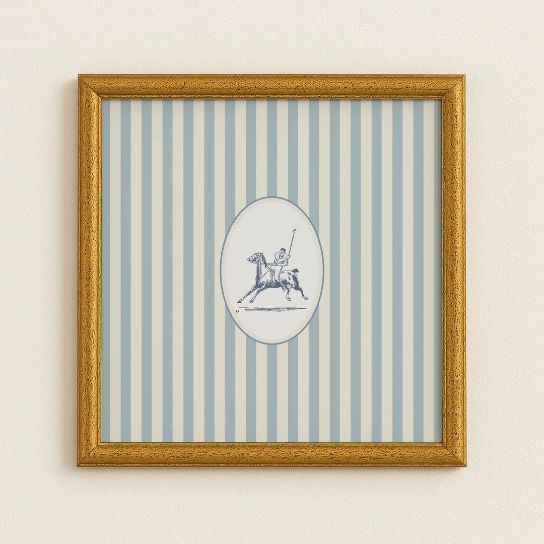 Blue and White Striped Polo Player Print: Trendy Cottage Decor, Digital ...