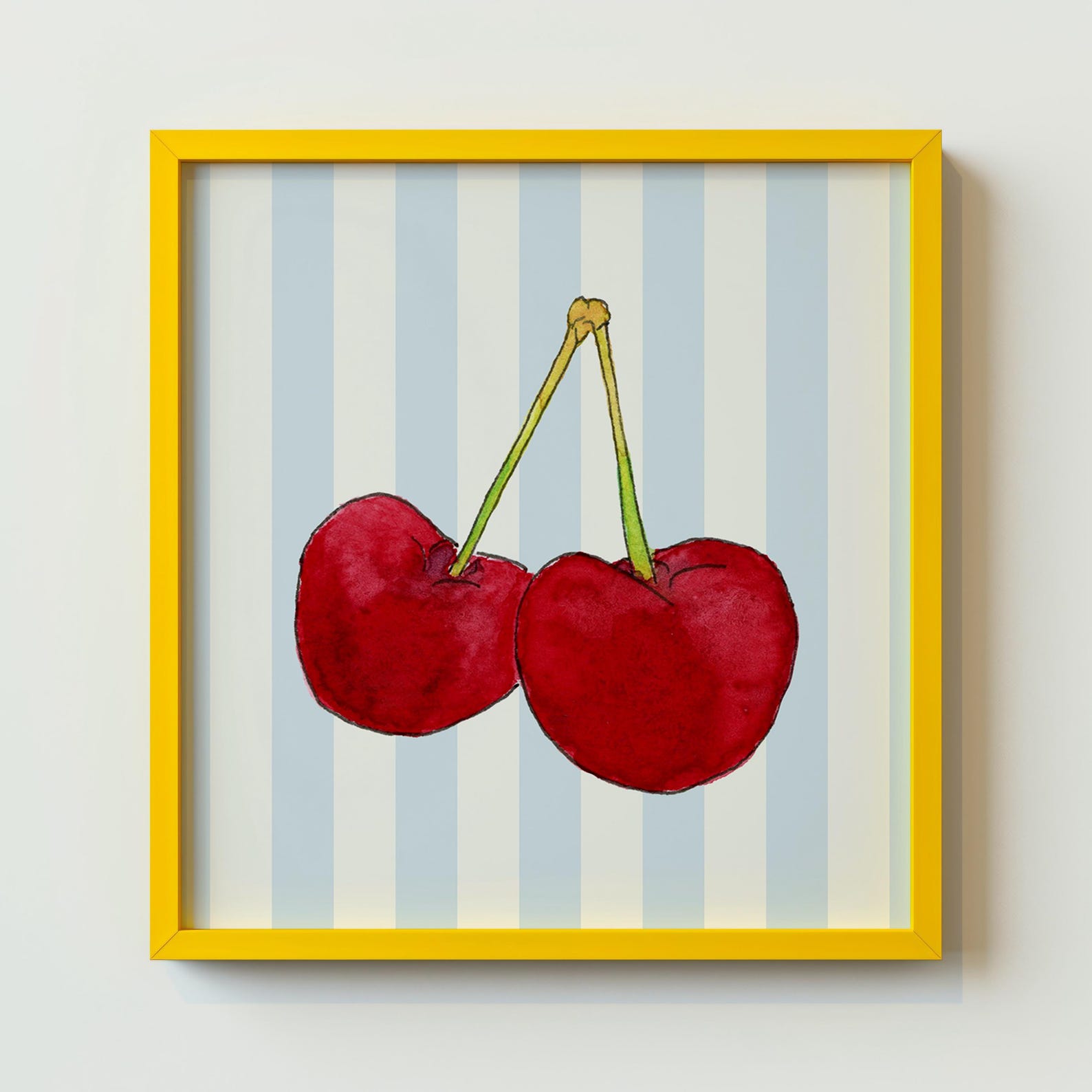 Cherry Illustration Print, Blue Striped Wall Art, Digital Downloads ...