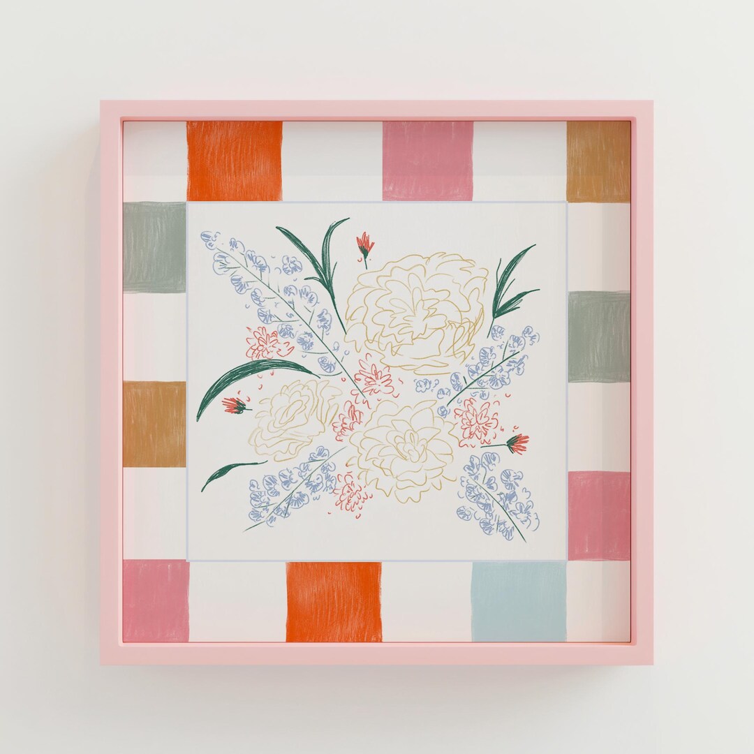 Checkered Floral Watercolor Print: Trendy Botanical Wall Art, Digital ...