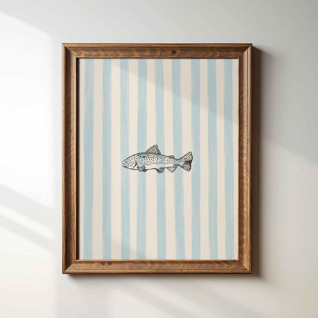 Blue Striped Fish Print: Vintage Cottagecore Wall Art, Digital Download ...