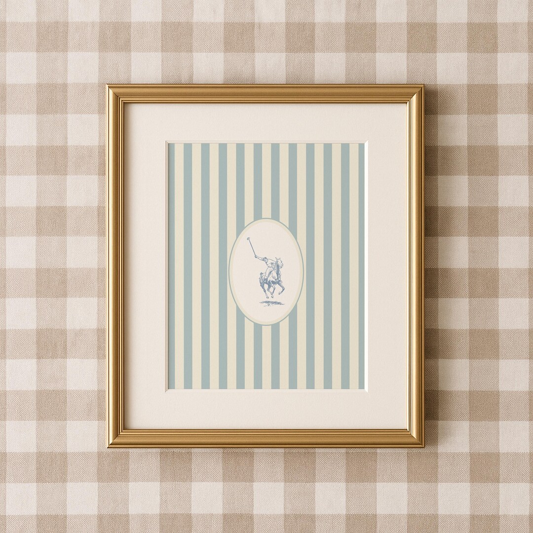 Blue and White Striped Polo Player Print: Trendy Cottage Decor, Digital ...