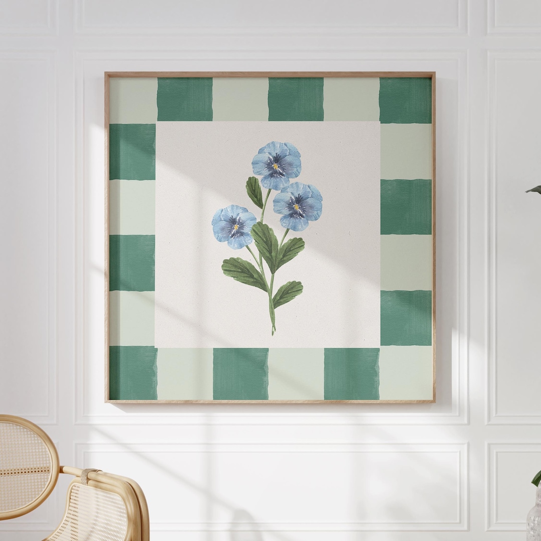 Blue Wildflower Print: Checker Frame Botanical Art, Digital Downloads ...