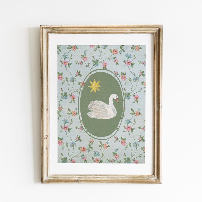 Victorian Swan Print: Blue Floral English Garden Wall Art, Digital ...