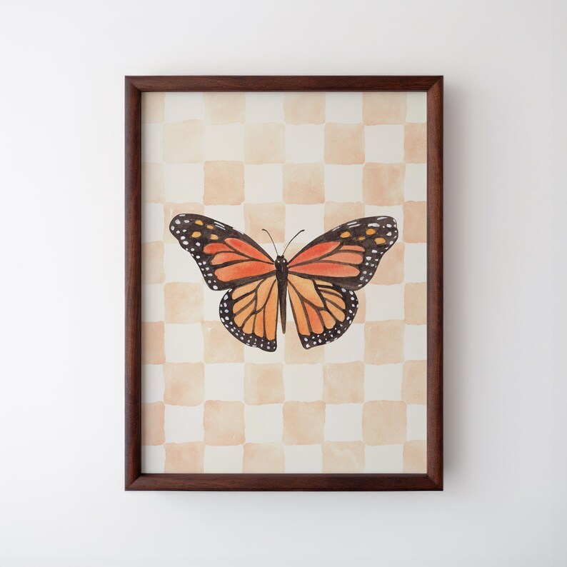 Peach Check Monarch Butterfly Print: Trendy Vintage Wall Art, Digital ...