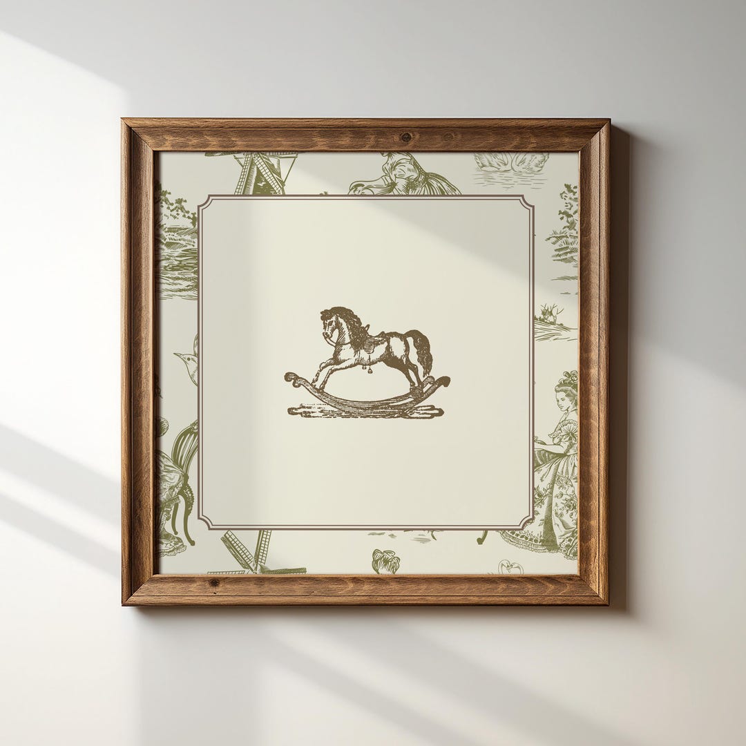 Vintage Green Toile Rocking Horse Print, Digital Download Wall Art ...