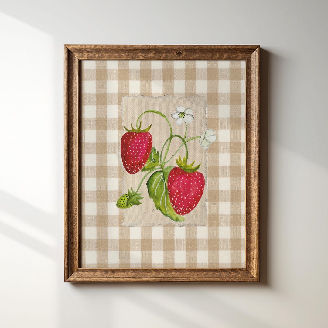 Strawberry Gingham Print: Vintage Cottagecore Wall Art, Digital ...