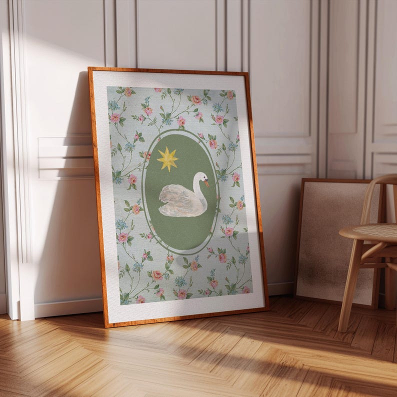 Victorian Swan Print: Blue Floral English Garden Wall Art, Digital ...