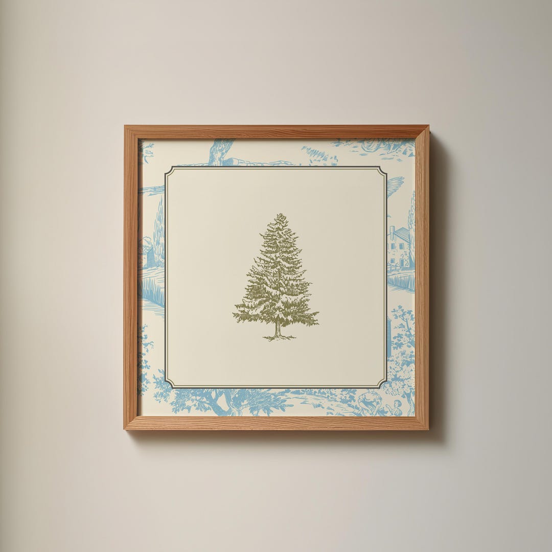 Vintage Blue Toile Pine Tree Print, Digital Download Wall Art, Trendy ...