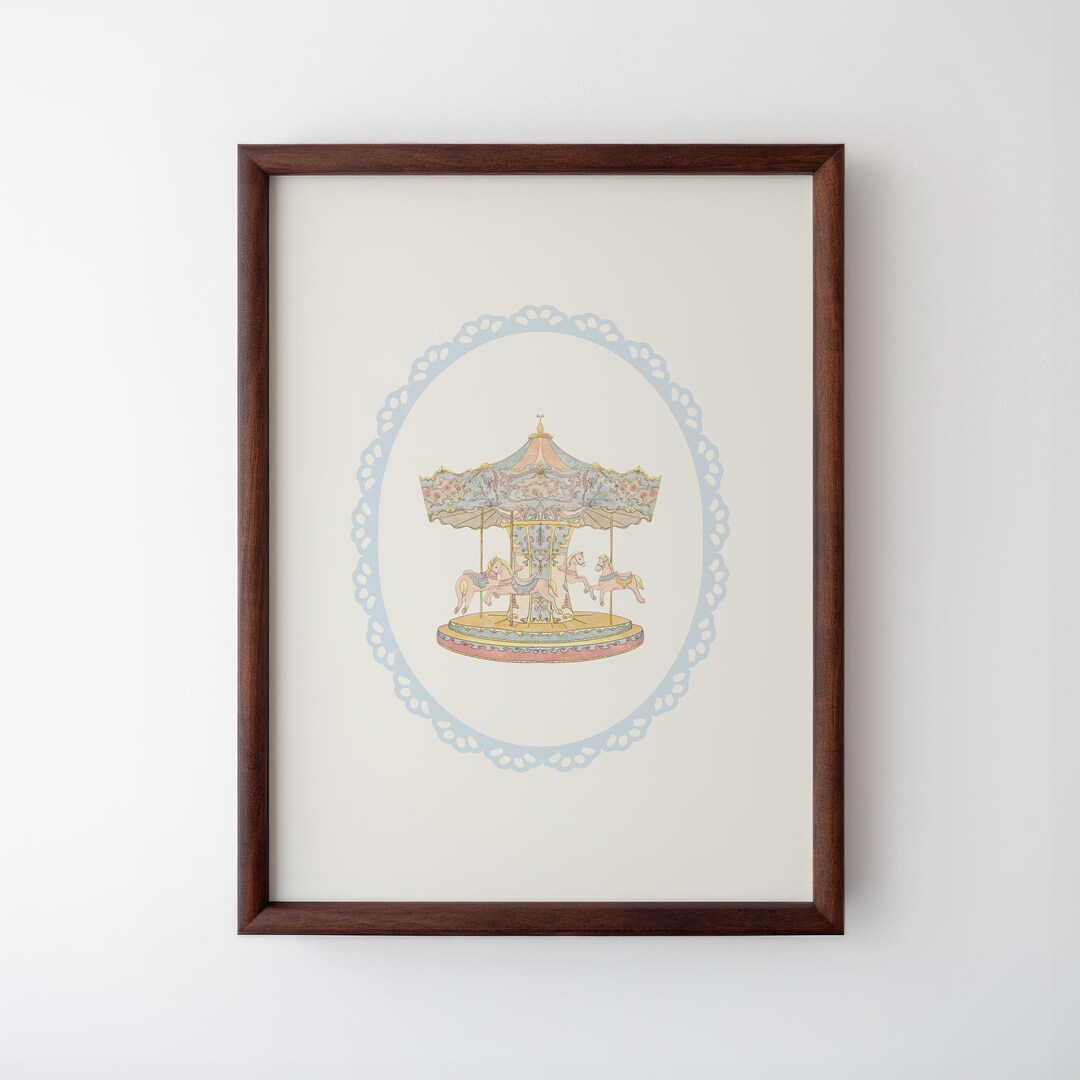 Vintage Carousel Art Print: Cornflower Blue Botanical, Digital Download ...