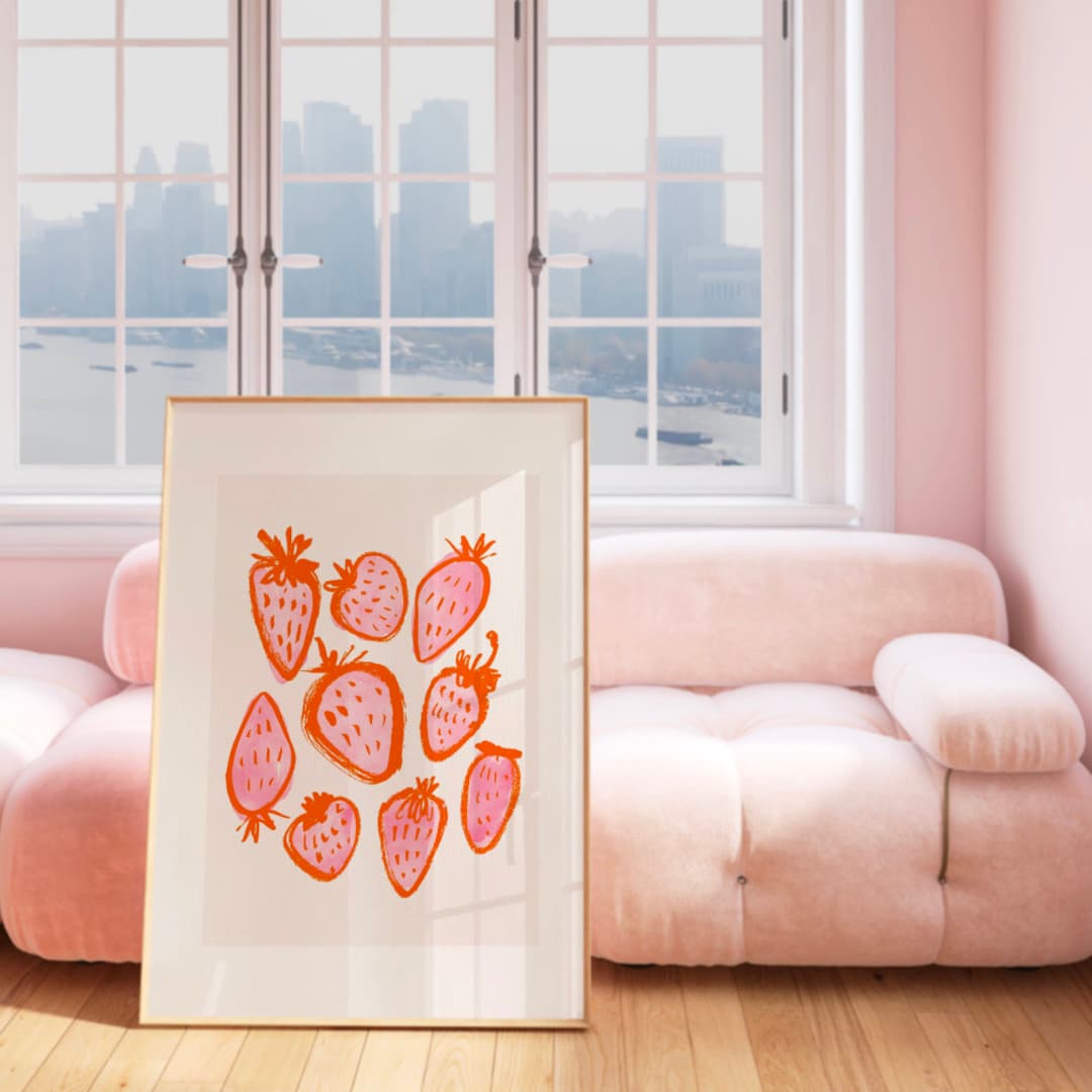 Pink Strawberries Abstract Print, Digital Downloadable Wall Art, Trendy ...