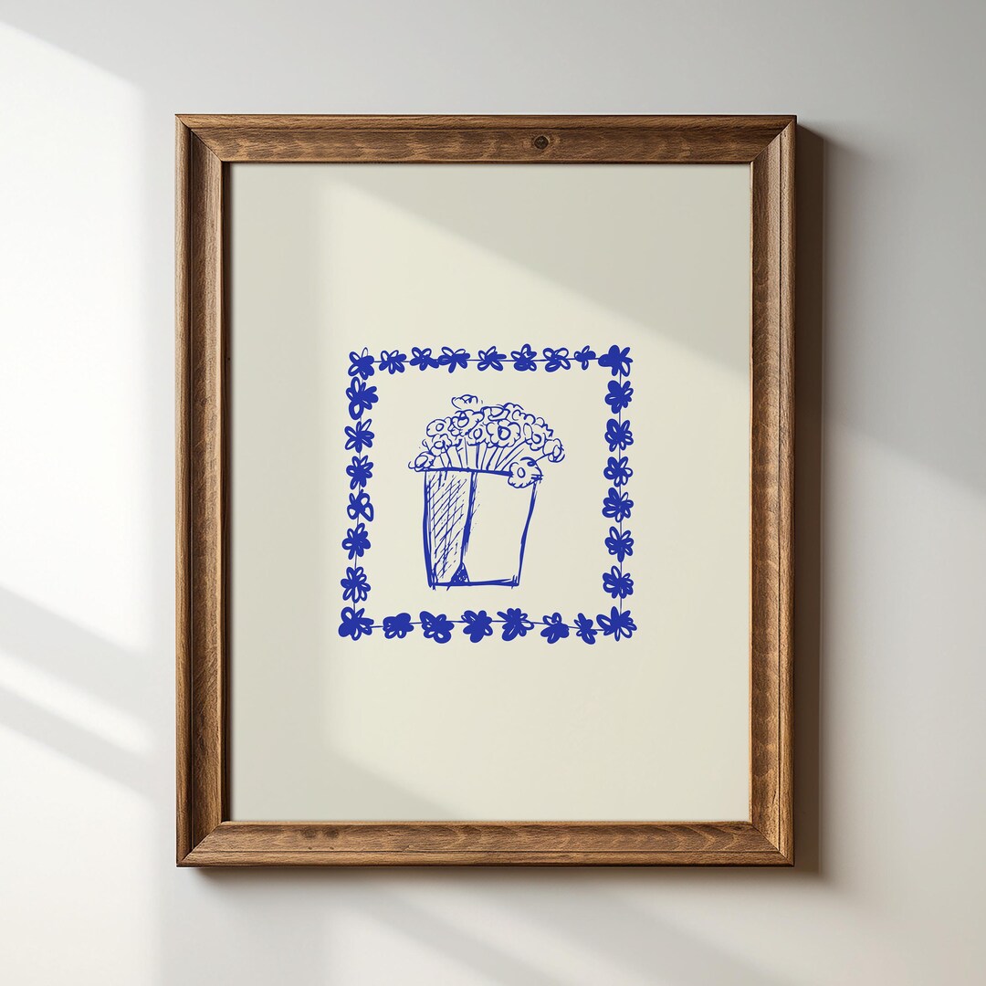 Blue Flower Pot Doodle Print: Trendy Vintage Wall Art, Digital Download ...