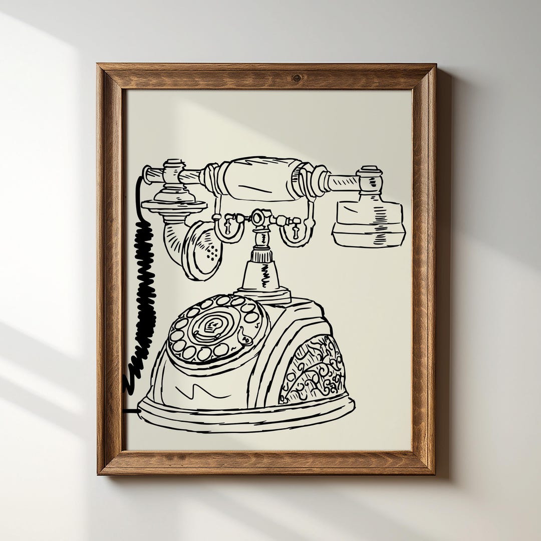 Vintage Telephone Line Art Print: Black and White Doodle, Digital ...
