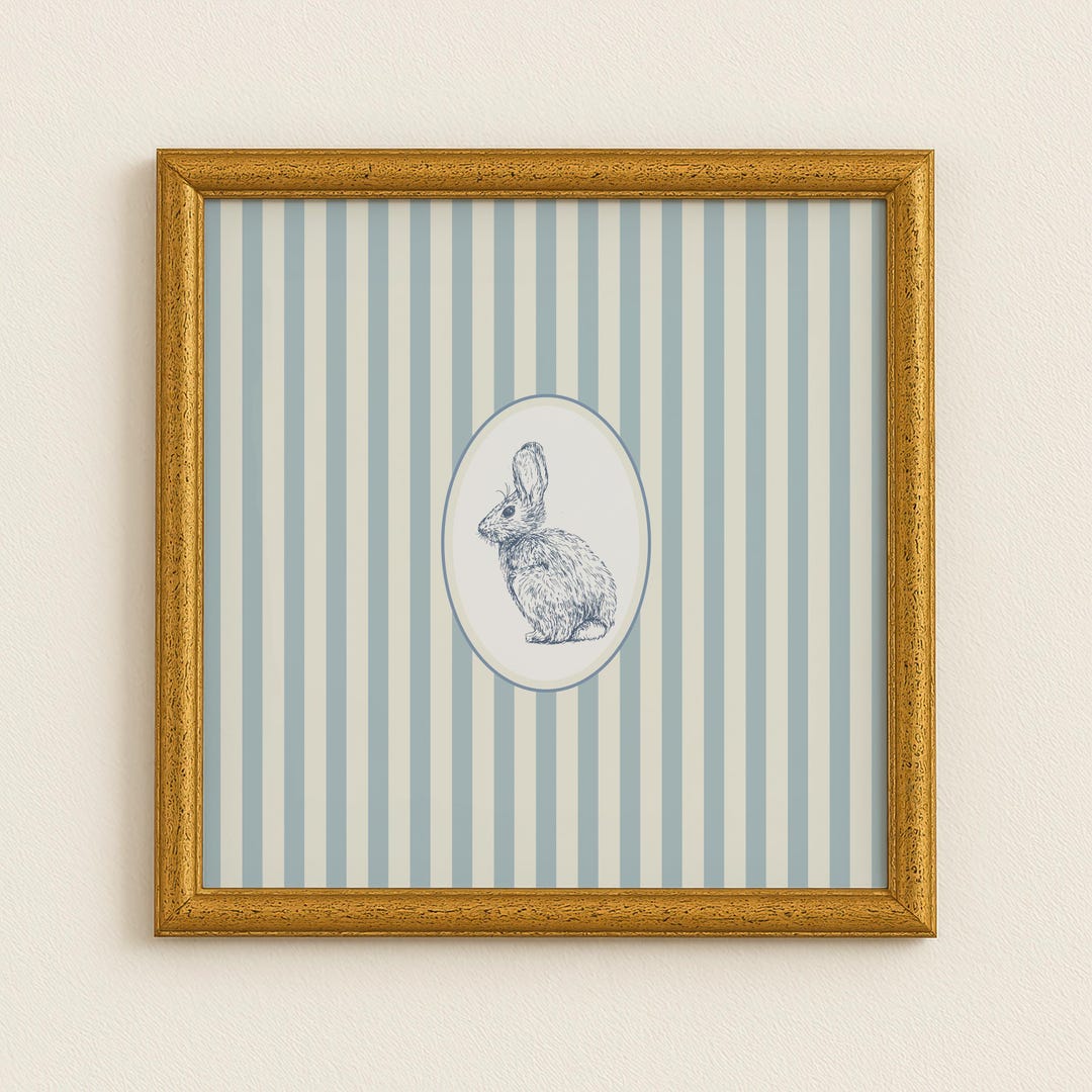 Blue and White Striped Vintage Bunny Print: Trendy Cottage Decor ...