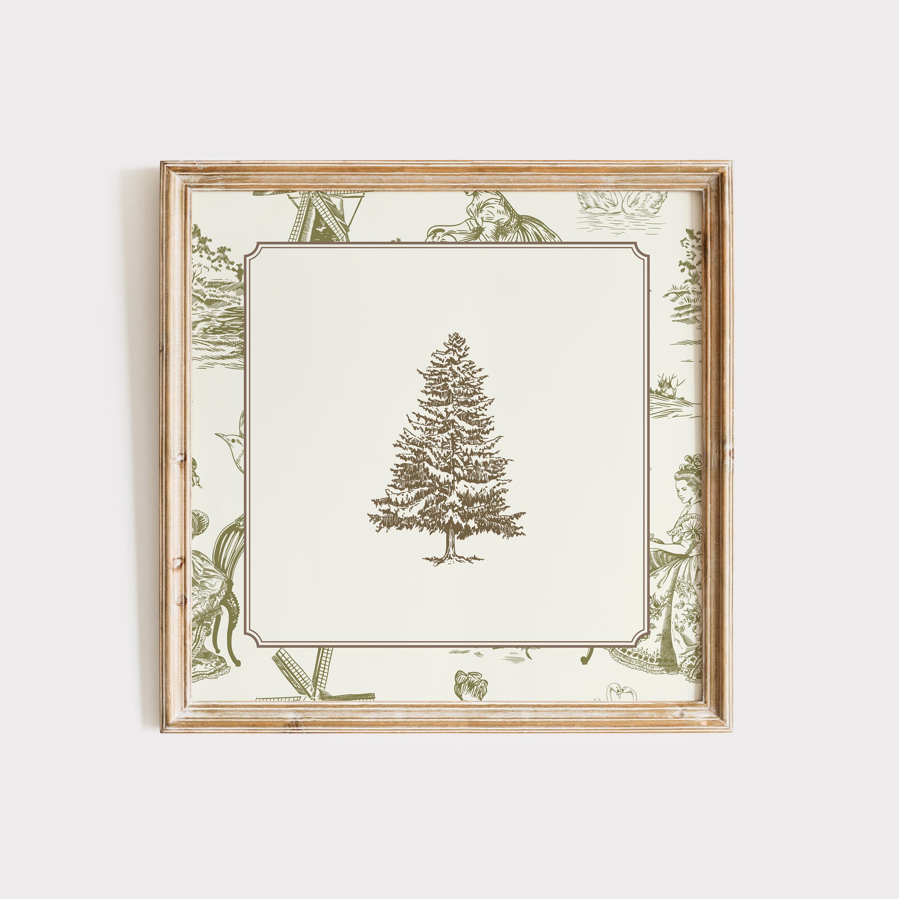 Vintage Green Toile Pine Tree Print, Digital Download Wall Art, Trendy ...