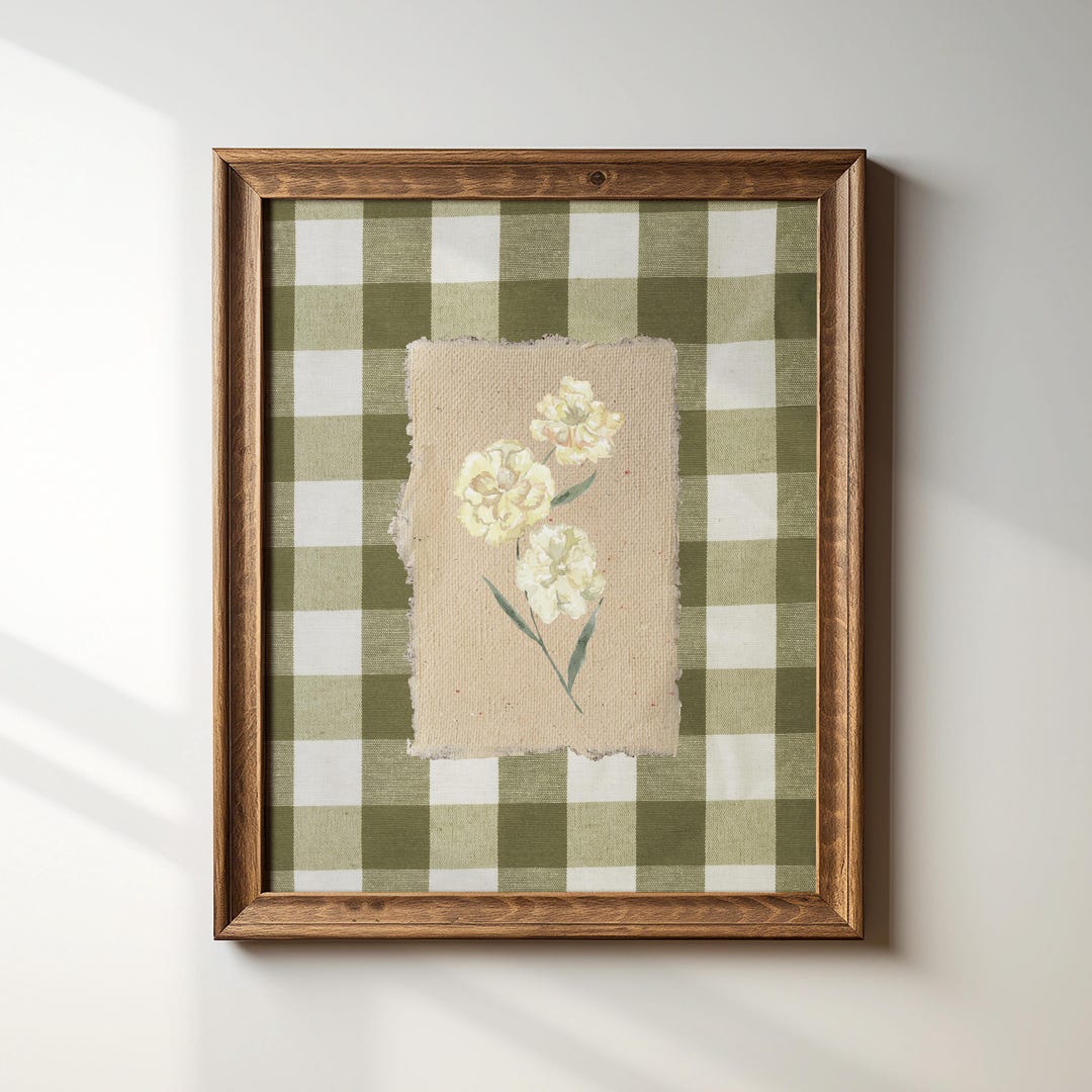 Green Gingham Flower Print, Digital Downloadable Wall Art, Trendy Decor ...