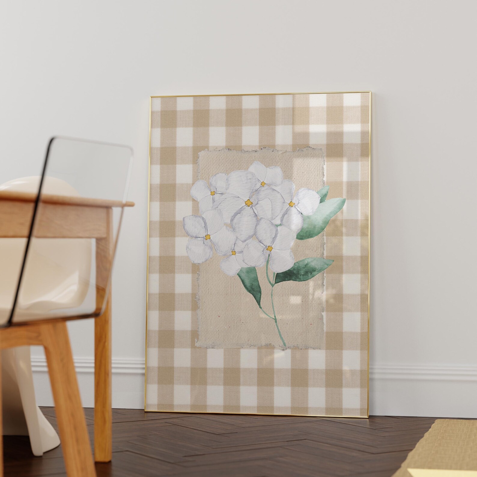 Hydrangea Gingham Print: Vintage Floral Cottage Wall Art, Digital ...