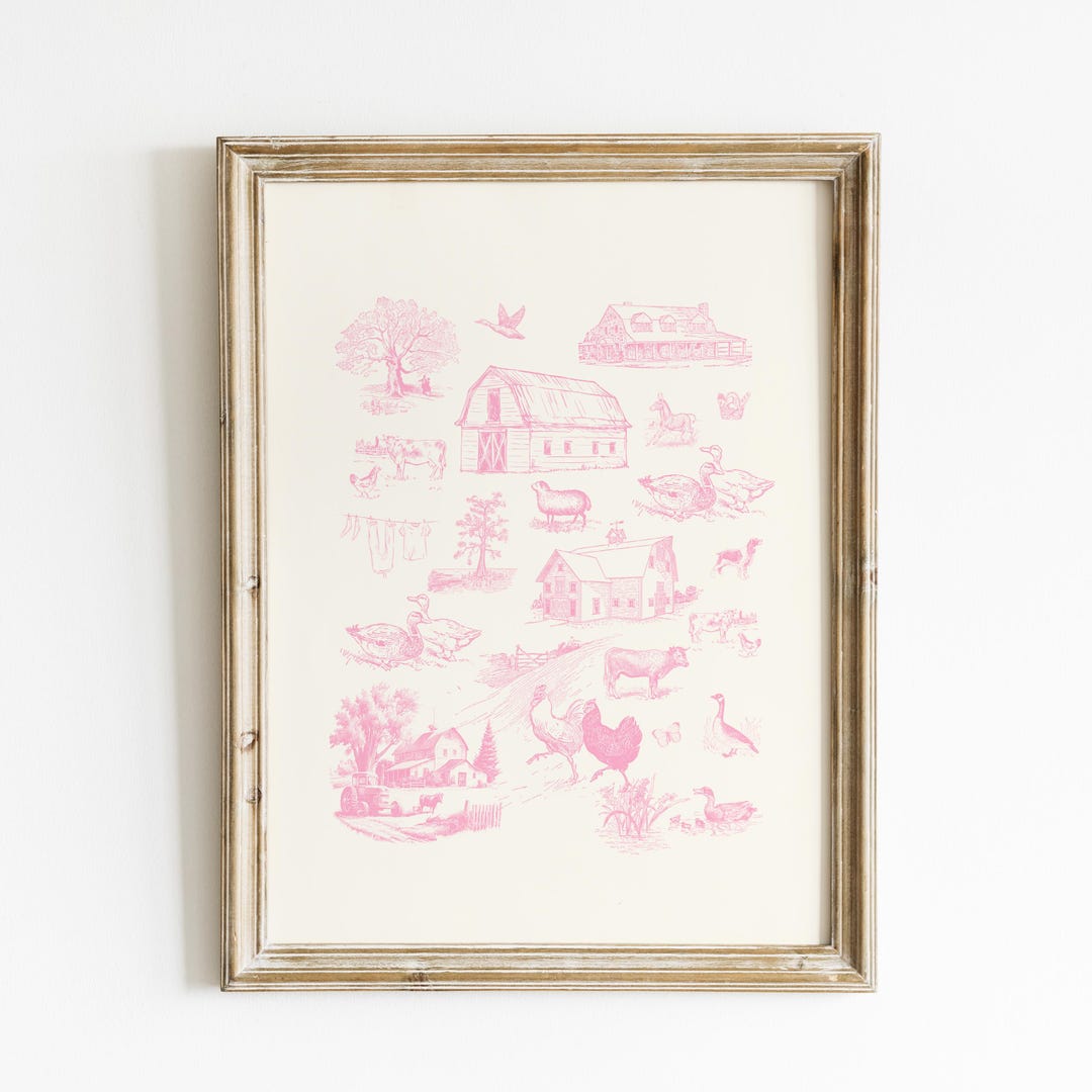 Pink Farm Toile Print: Vintage Illustration Wall Art, Digital Downloads ...