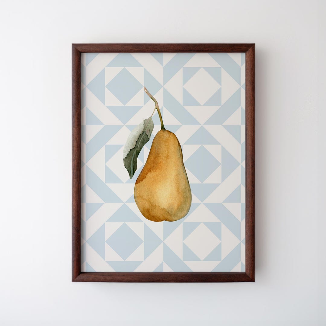 Blue Quilted Pear Illustration Art Print: Kitchen Decor, Digital ...