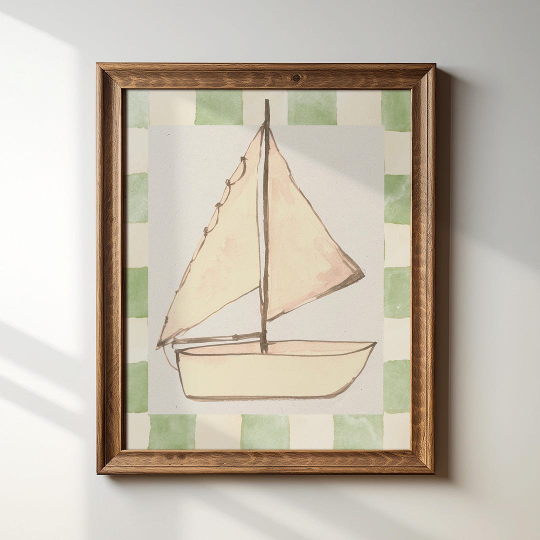 Sail Boat Green Checkered Vintage Print, Watercolor, Digital ...