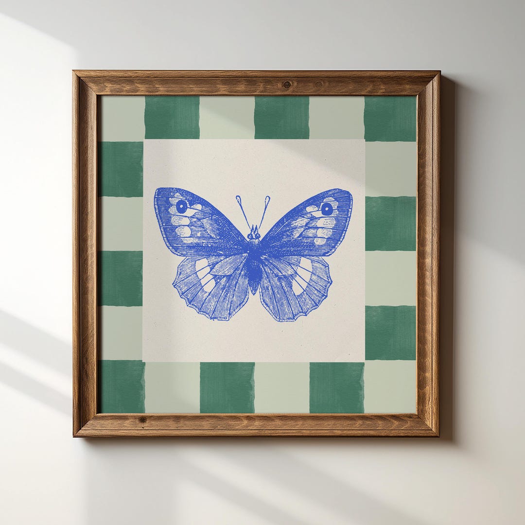 Blue Butterfly Art Print: Checker Frame Botanical Illustration, Digital ...