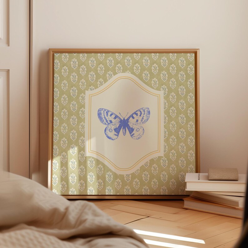 Victorian Butterfly Print: Blue Line Art, Square Wall Decor, Digital ...