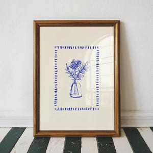 Cornelia Blue Floral Vase Doodle Line Illustration Print, Digital ...
