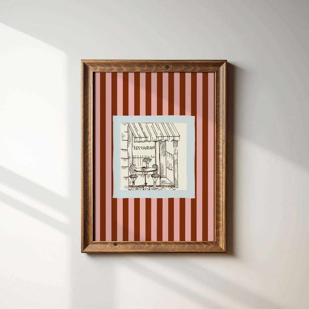 Maroon Pink Striped Restaurant Illustration Art Print, Vertical ...