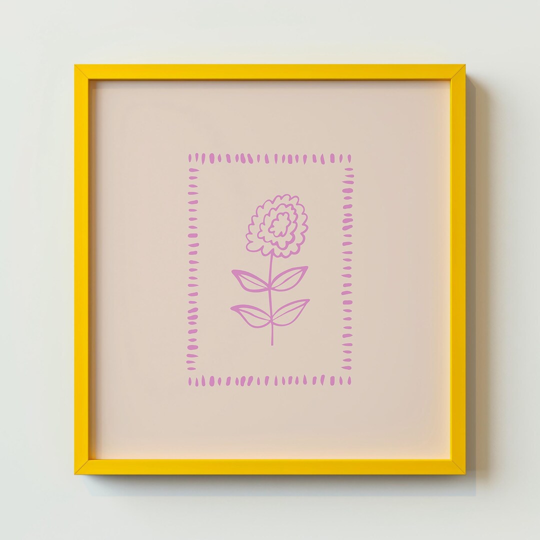 Peach Pink Cornelia Daisy Square Doodle Line Illustration Print ...