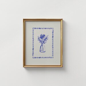Cornelia Blue Floral Vase Doodle Line Illustration Print, Digital ...