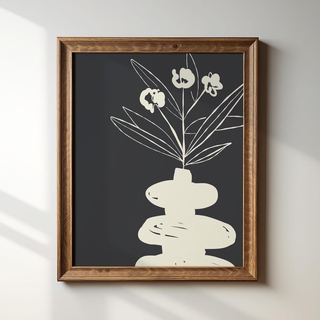 Charcoal Floral Vase Doodle Line Illustration Print, Digital ...