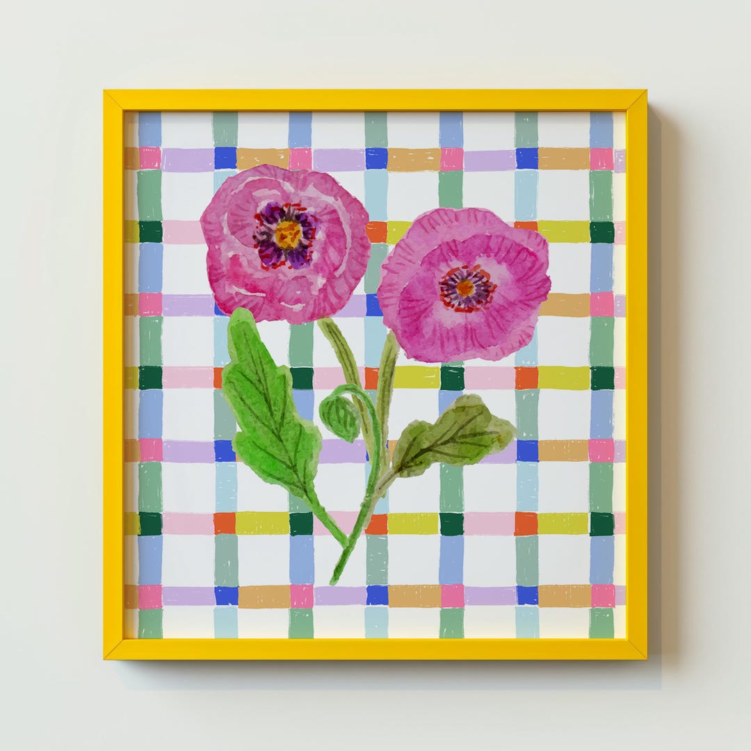 Floral Watercolor Print: Colorful Check Background, Digital Downloads ...