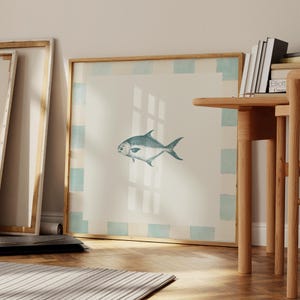 Watercolor Baby Blue Checkered Fish Print, INSTANT Digital Downloadable ...