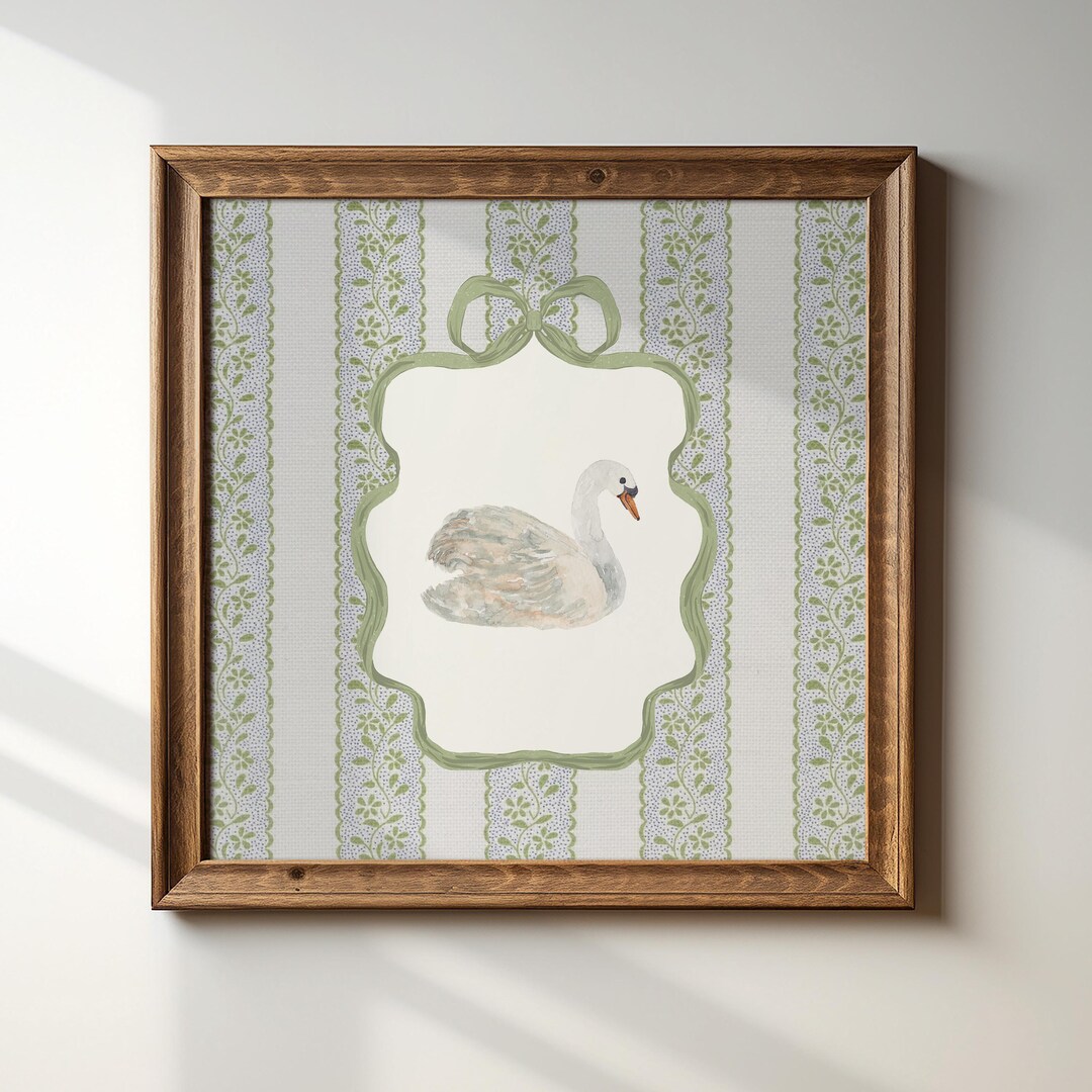 Vintage Watercolor Swan Bow Nursery Digital Art Print: Blue and White ...