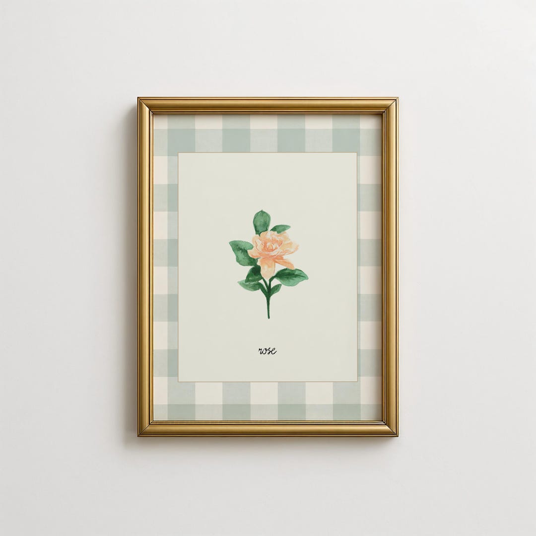 Rosa, giugno, stampa floreale a quadretti blu, arte botanica vintage ...