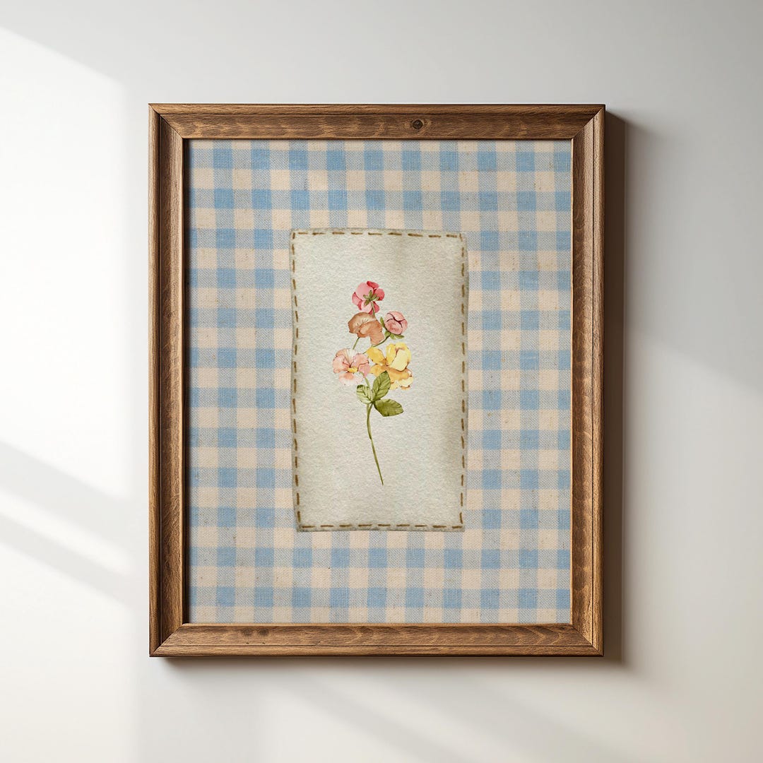 Blue Gingham Flower Print, Digital Downloadable Wall Art, Trendy Decor ...