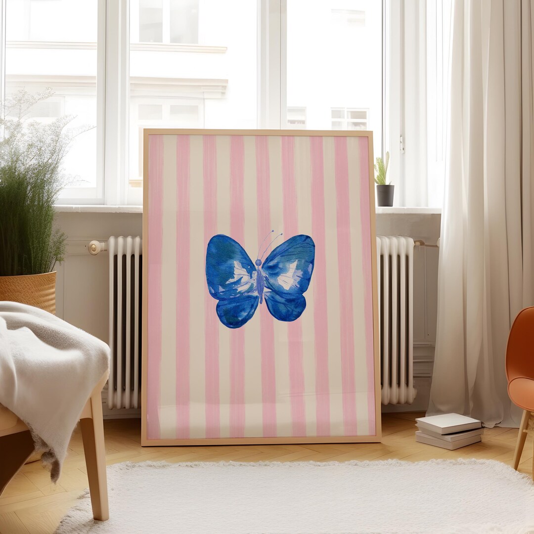 Pink Striped Blue Butterfly Art Print, Digital Print, Wall Art, Trendy ...