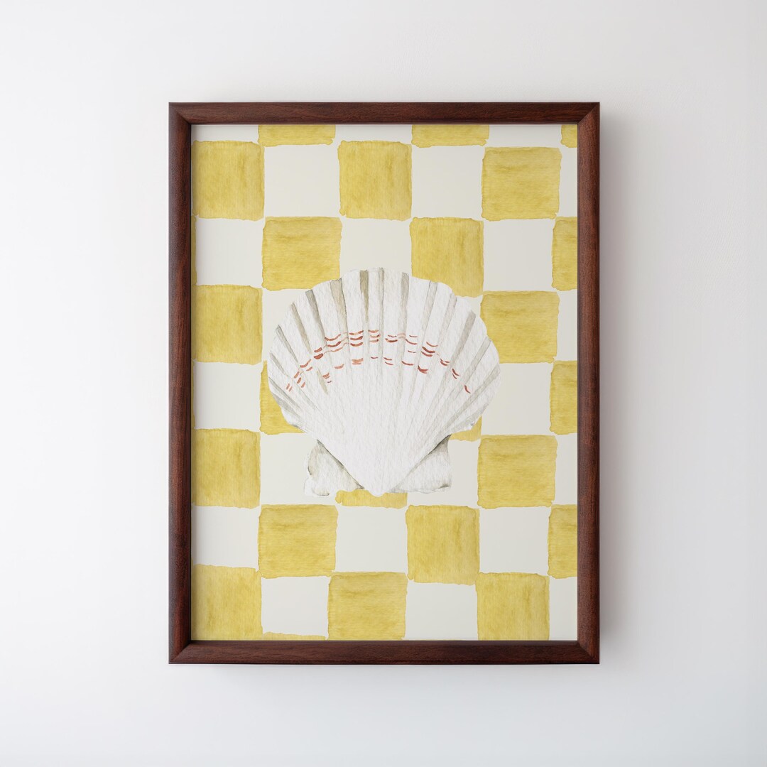 Butter Yellow Checkered Seashell, Illustration Print, Digital ...