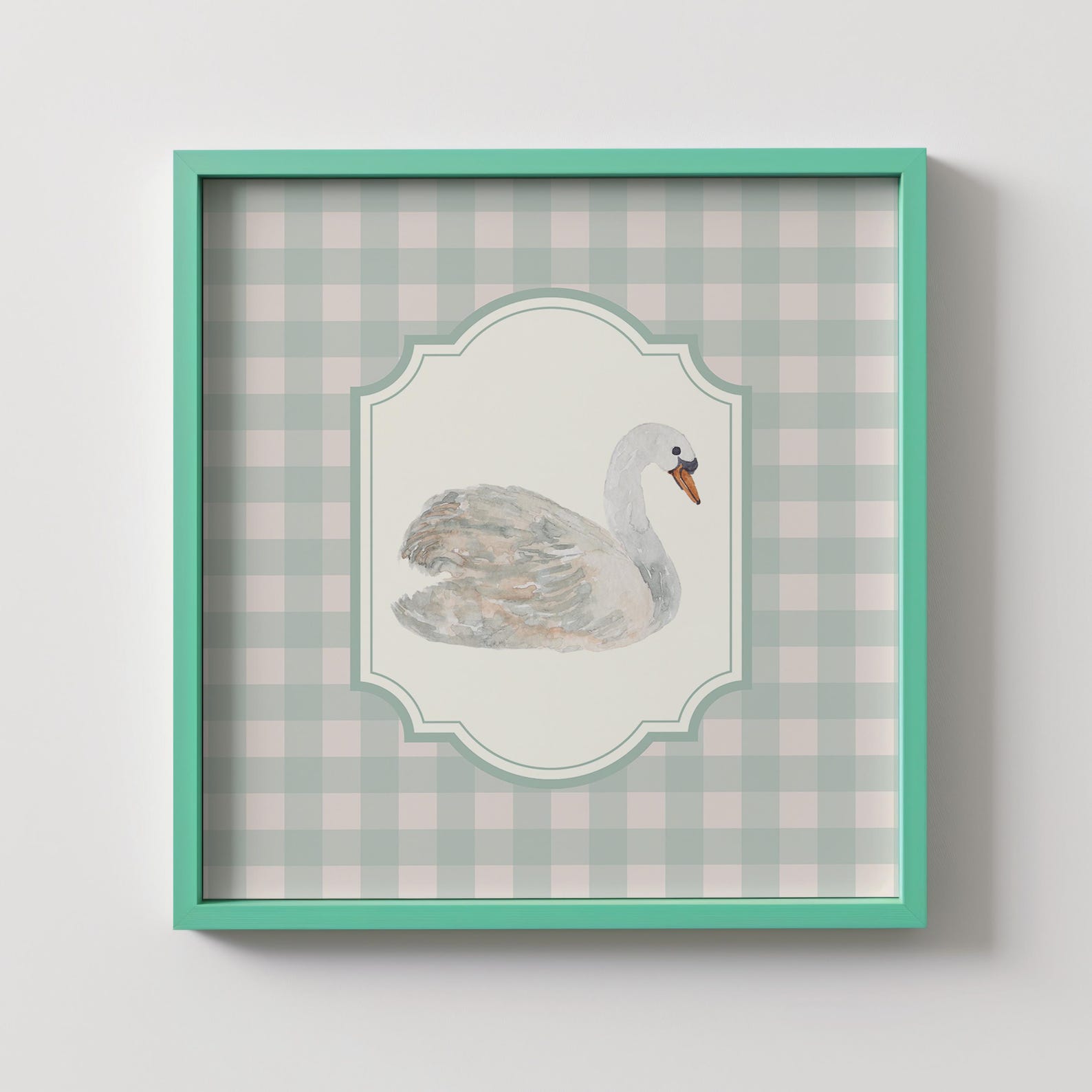 Victorian Swan Print: Blue Gingham Nursery Wall Art, Digital Downloads ...